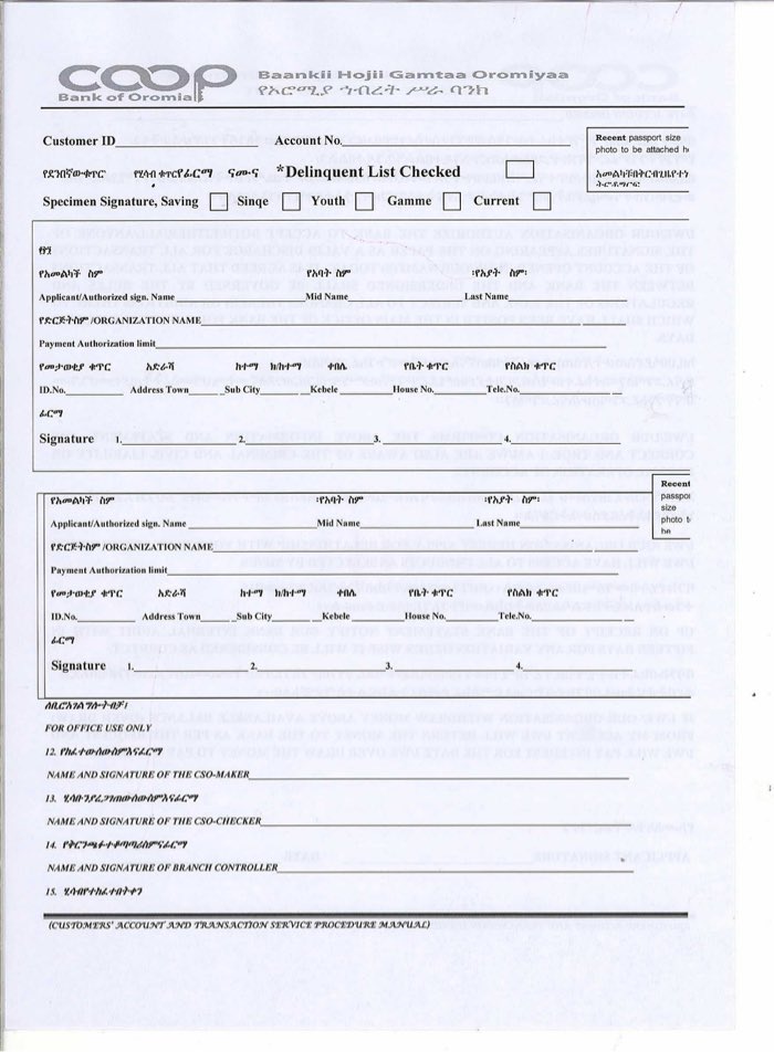 Conventional Account Opening Form Cooperative Bank Of Oromia Conventional Account Opening Form Cooperative Bank Of Oromia